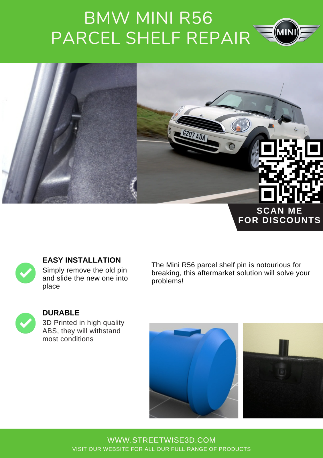 BMW Mini R56 Rear Parcel Shelf Repair Plastic Clip. – Streetwise3D